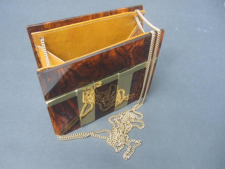 Sleek Tortoise Shell Lucite Gilt Trim Diminutive Handbag c 1970 at 1stDibs