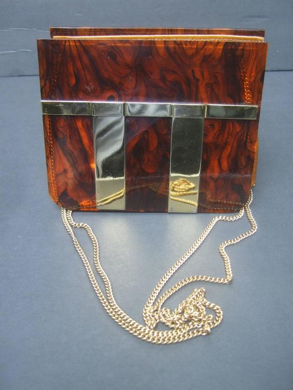 Sleek Tortoise Shell Lucite Gilt Trim Diminutive Handbag c 1970 at 1stDibs
