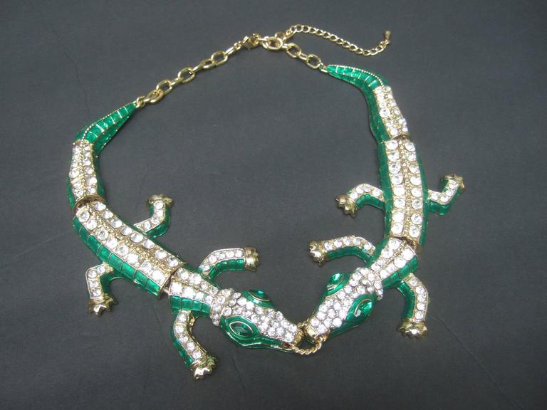 Exotic Green Crystal Articulated Enamel Alligator Necklace at 1stDibs