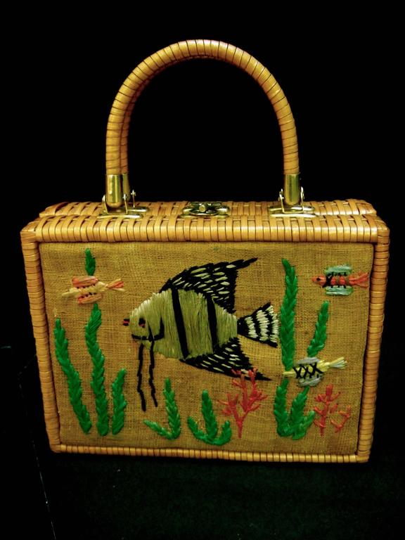 Whimsical Wicker Straw Embroidered Sea Life Handbag ca 1960 at 1stDibs
