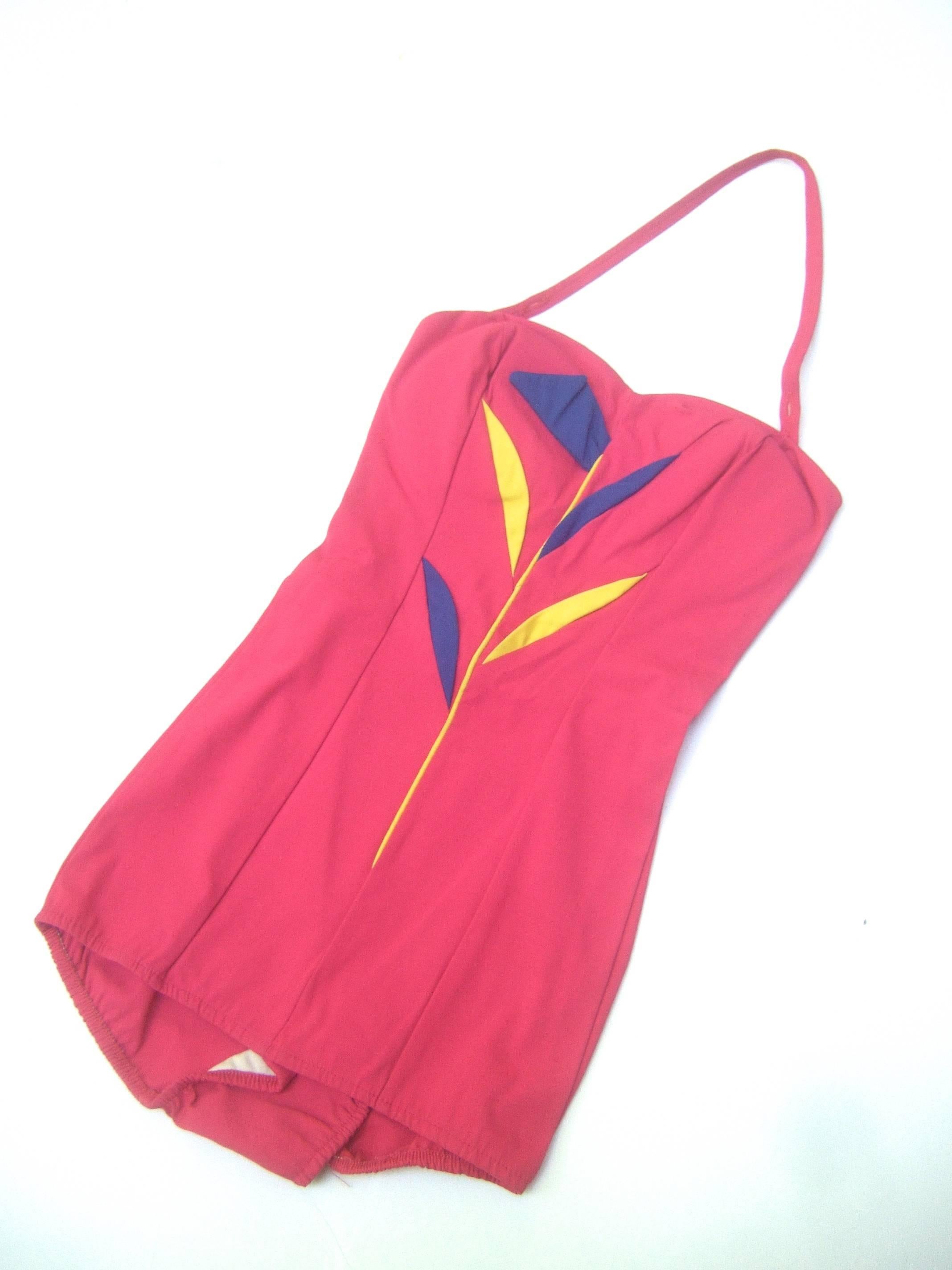 Late 1950's Rose Pink Pin Up Style Swimsuit with Floral Applique. at ...