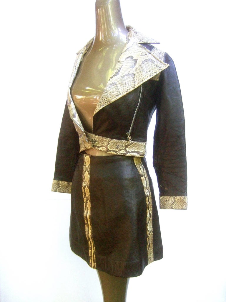 Ossie Clark Couture Brown Leather and Snakeskin Suit. Unlabelled. Late ...