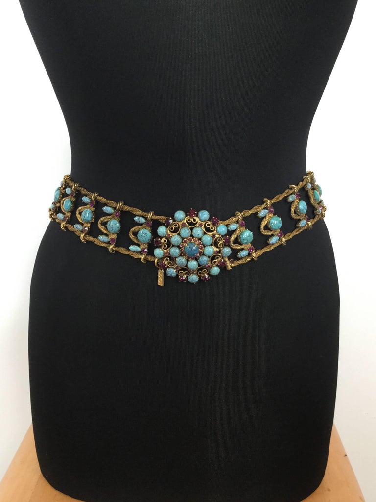Incredible Yves Saint Laurent Metal Belt with Faux Turquoise Cabochons ...
