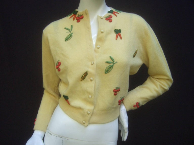 Whimsical Buttercup Yellow Cashmere Vegetable Theme Cardigan by Dalton ...