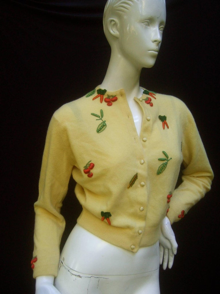 Whimsical Buttercup Yellow Cashmere Vegetable Theme Cardigan by Dalton ...