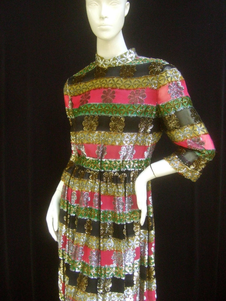 Elegant Silk Devore Metallic Striped Dress by Montaldo's c 1970s at 1stDibs