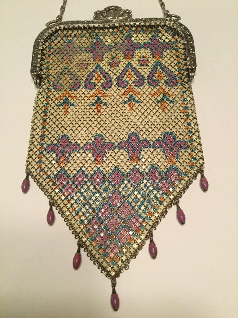 Mandalian Art Deco Chainmail Metal Bag with Enamel Bead Fringe, 1920s ...