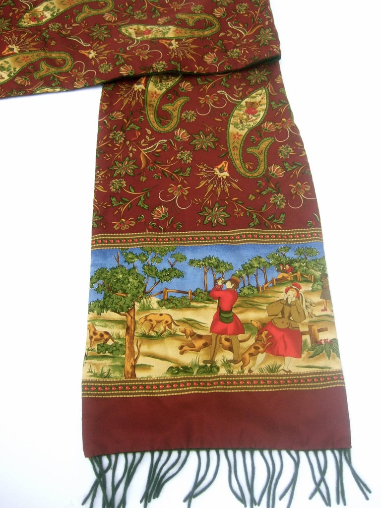 Salvatore Ferragamo Silk and Cashmere Oblong Hunt Scene Scarf 67 x 12 ...