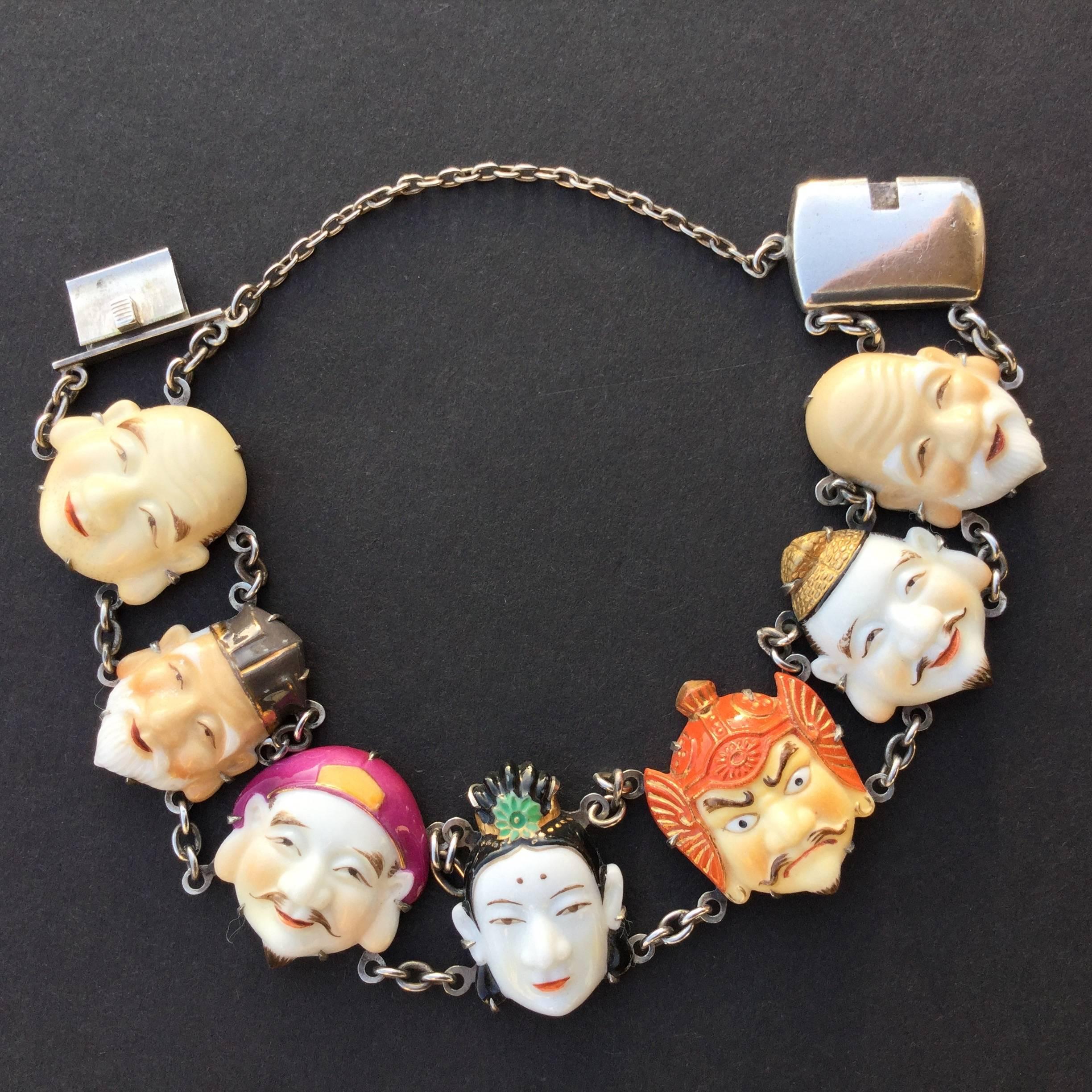 Toshikane Seven Lucky Gods Bracelet. Porcelain and Silver. 1940's. at ...