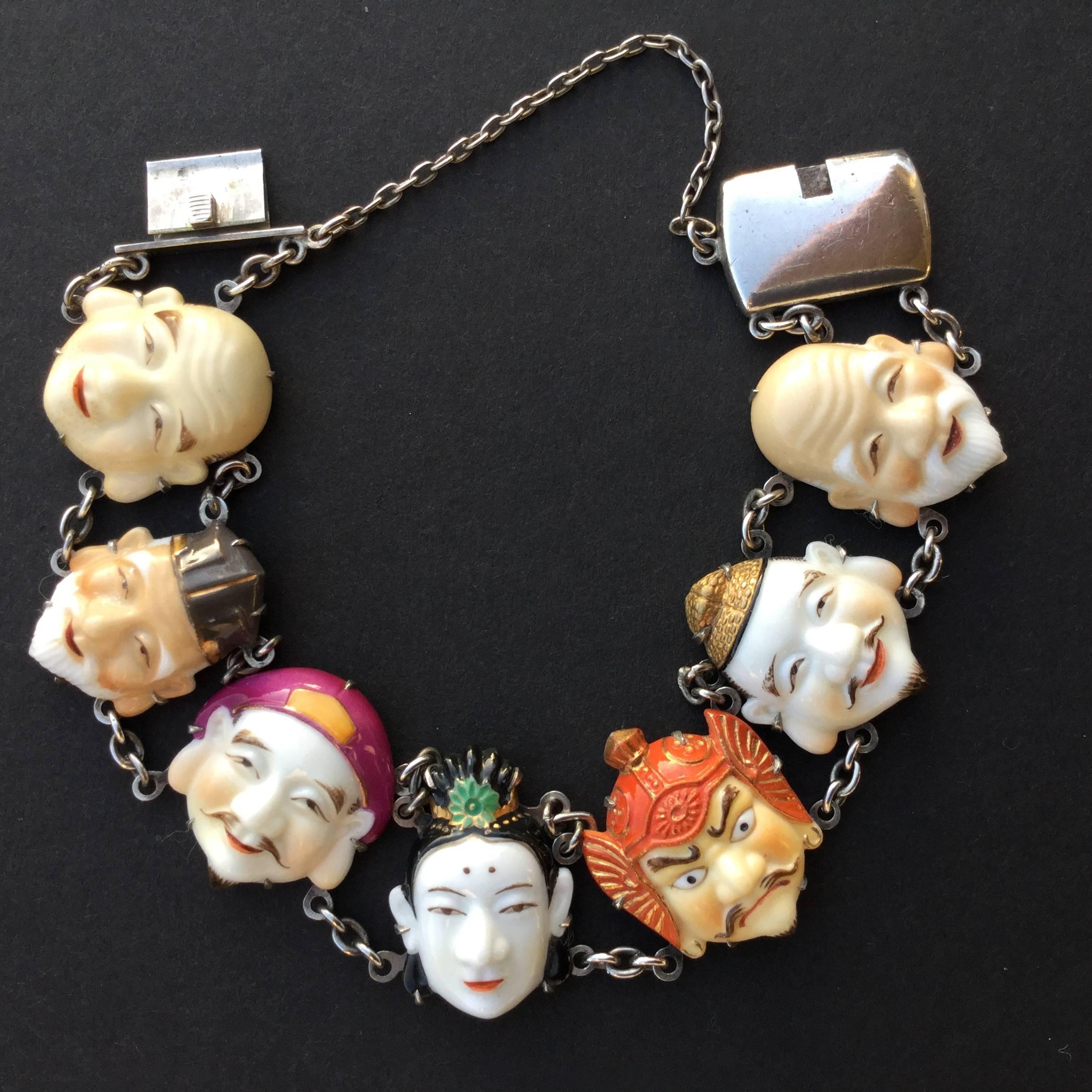 Toshikane Seven Lucky Gods Bracelet. Porcelain and Silver. 1940's. at ...