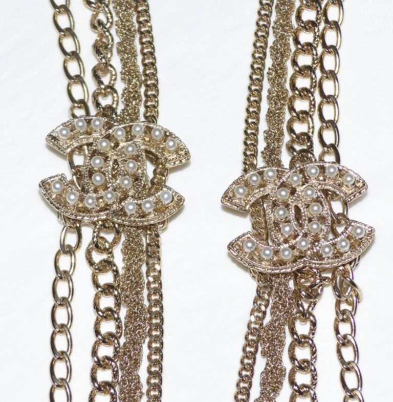 Stunning Chanel Long Multi Chains Necklace Pearls and Cc Logo at 1stDibs