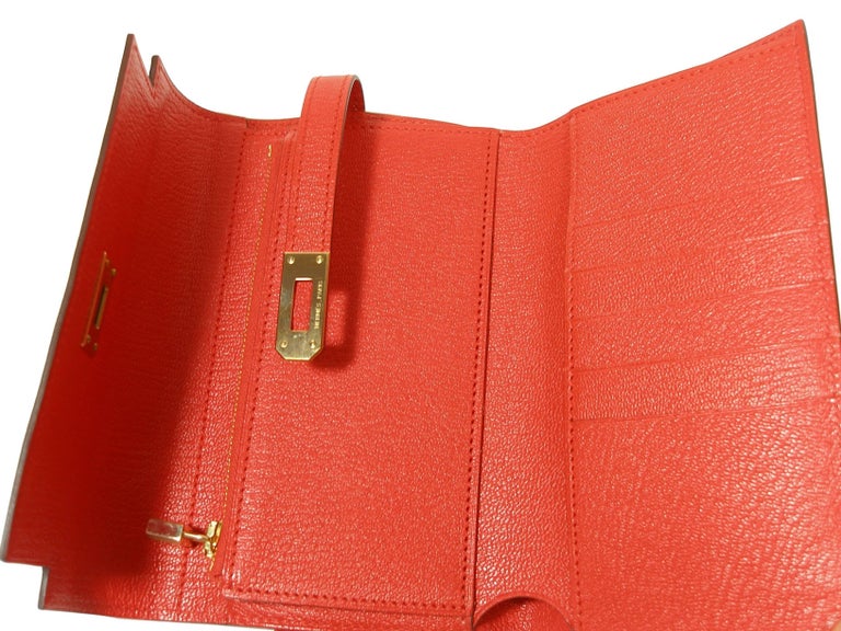 Hermès Kelly Compact Wallet Chevre Mysore Leather Rouge Tomate / BN at ...