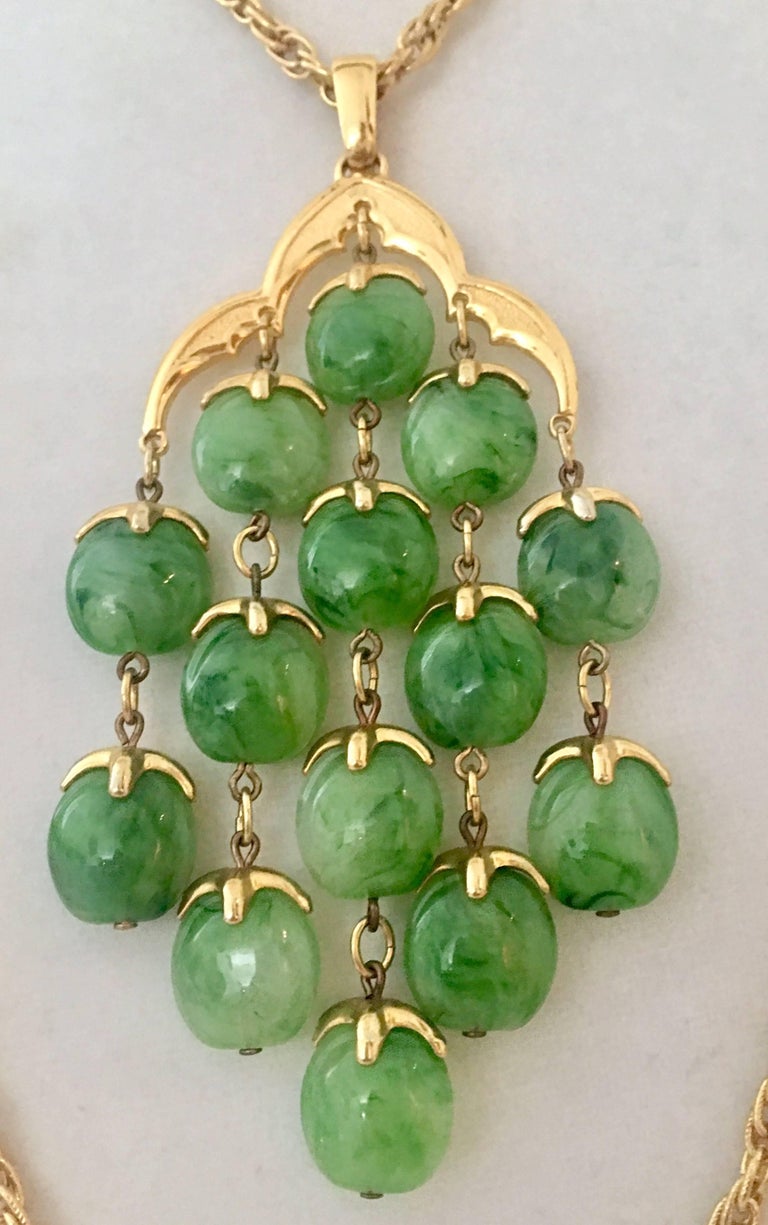 Crown Trifari Gold and Glass Jade Triple Strand Pendant Necklace, 1960s ...