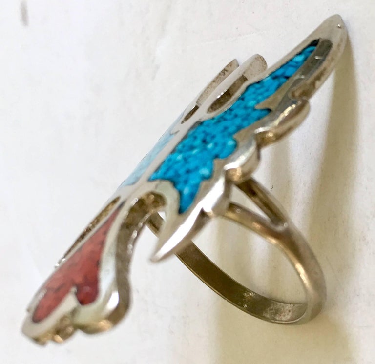 Vintage Sterling Turquoise and Coral "Thunderbird" Pointer Ring For ...