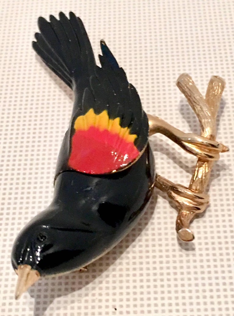 60'S Gold and Enamel Bird On A Branch Brooch By, Weiss at 1stDibs