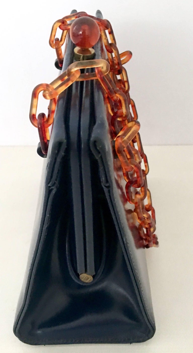 50'S Dofan France Navy Leather and Faux Tortoise Bakelite Hand Bag at ...