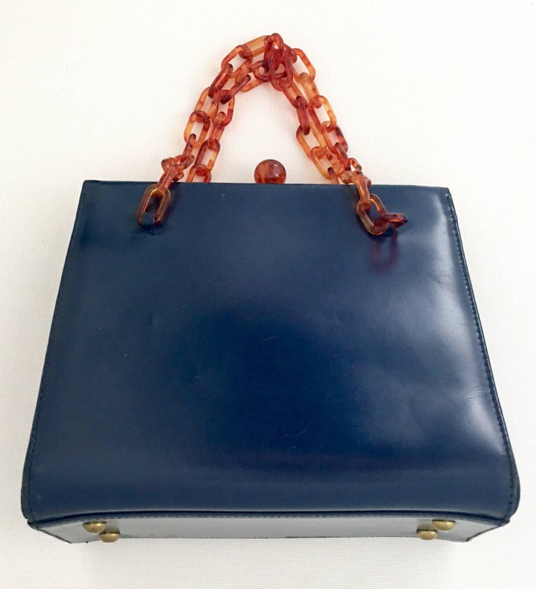 50'S Dofan France Navy Leather and Faux Tortoise Bakelite Hand Bag at ...