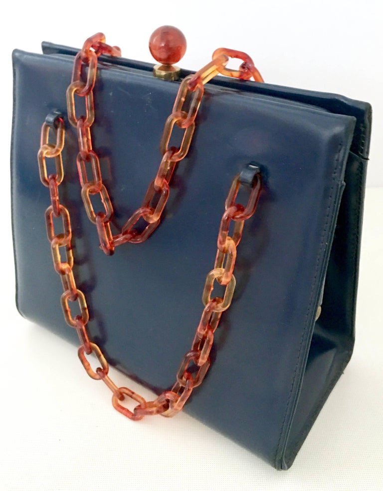 50'S Dofan France Navy Leather and Faux Tortoise Bakelite Hand Bag at ...