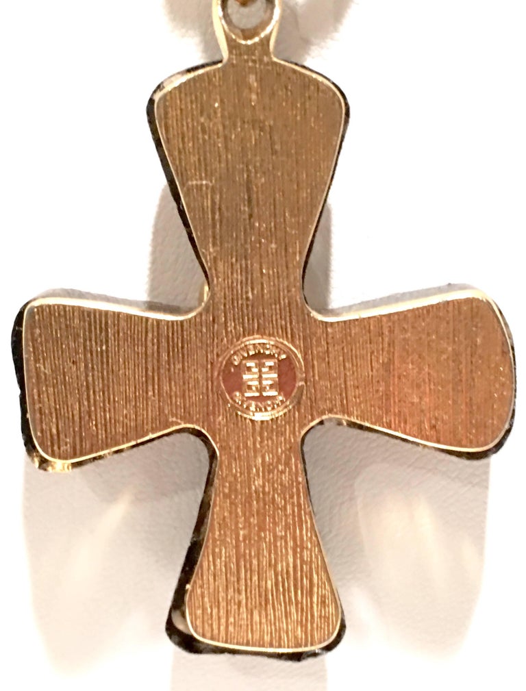 1970'S Givenchy Gold and Pressed Glass "G" Logo Cross Pendant Necklace ...