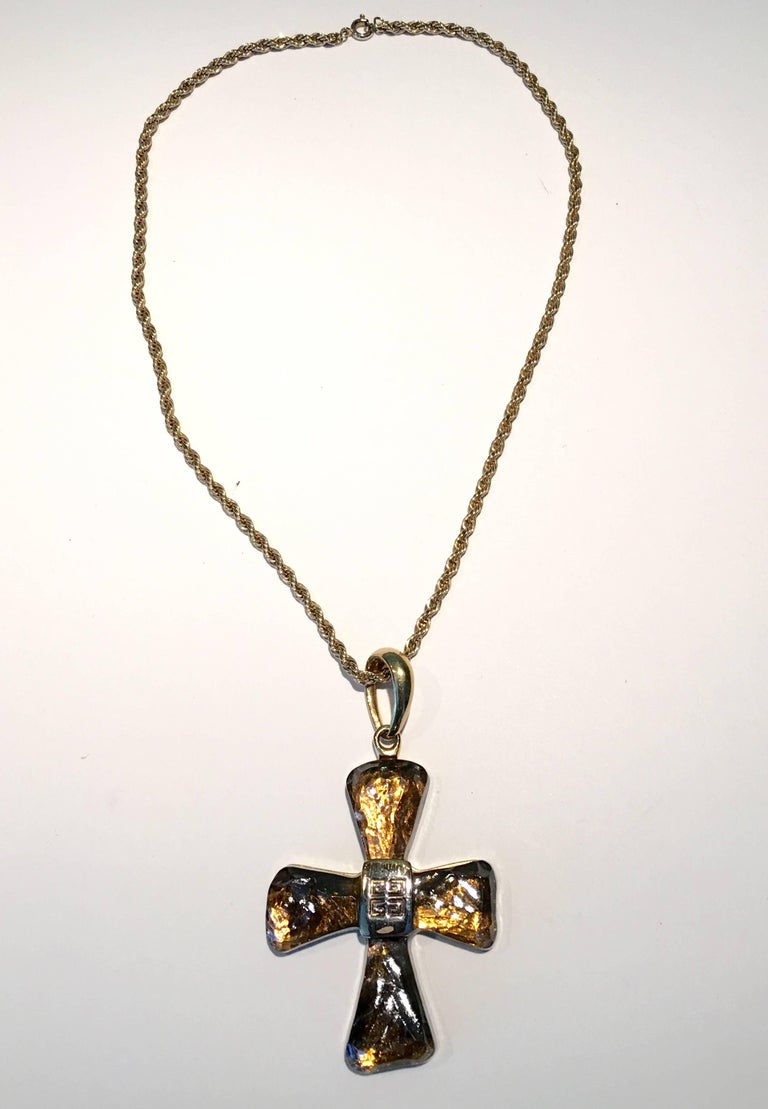 1970'S Givenchy Gold and Pressed Glass "G" Logo Cross Pendant Necklace ...