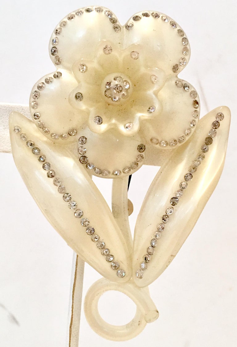 1940s Dimensional Celluloid And Crystal Rhinestones Flower Brooch For