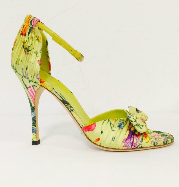 Gucci Green Satin Floral Print High Heel Sandals Above Excellent at ...