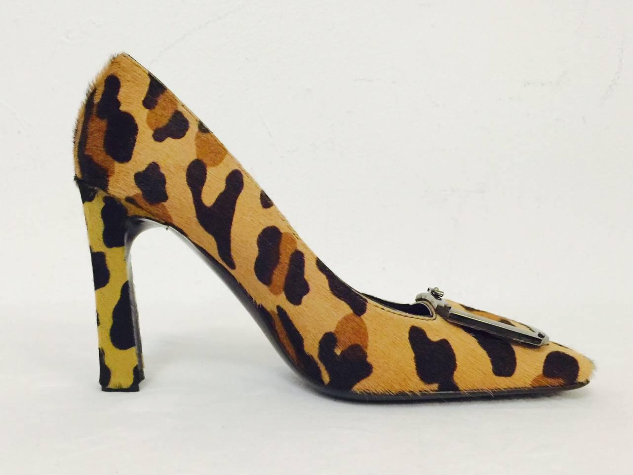 Prada Leopard Print Pony Skin Square Toe Pumps With Stacked Heels at ...