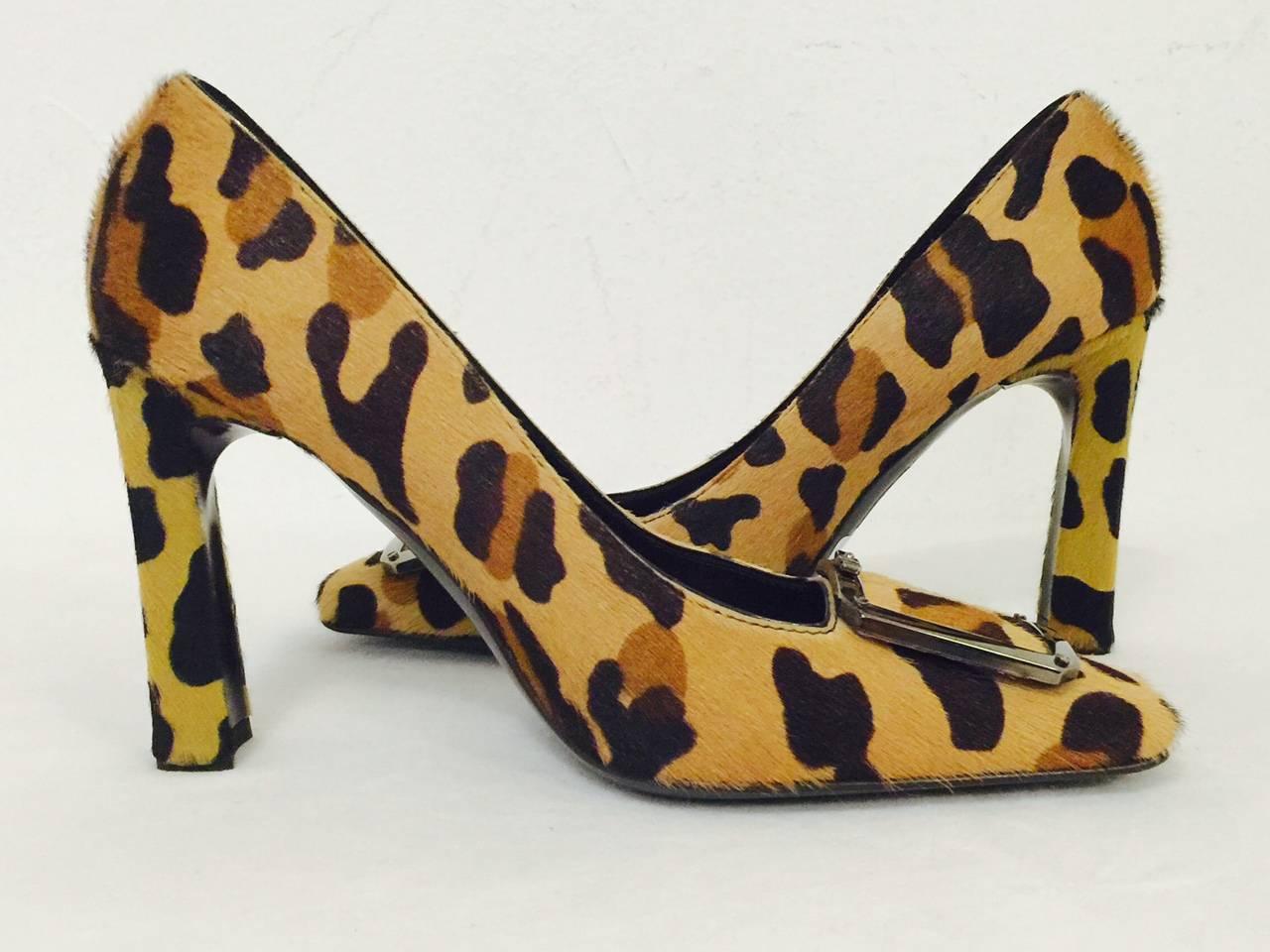 Prada Leopard Print Pony Skin Square Toe Pumps With Stacked Heels at ...