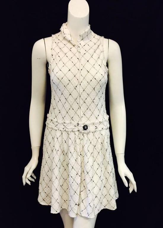 Chanel Spring White Cotton Tweed Sleeveless Dress W Black Diamond ...