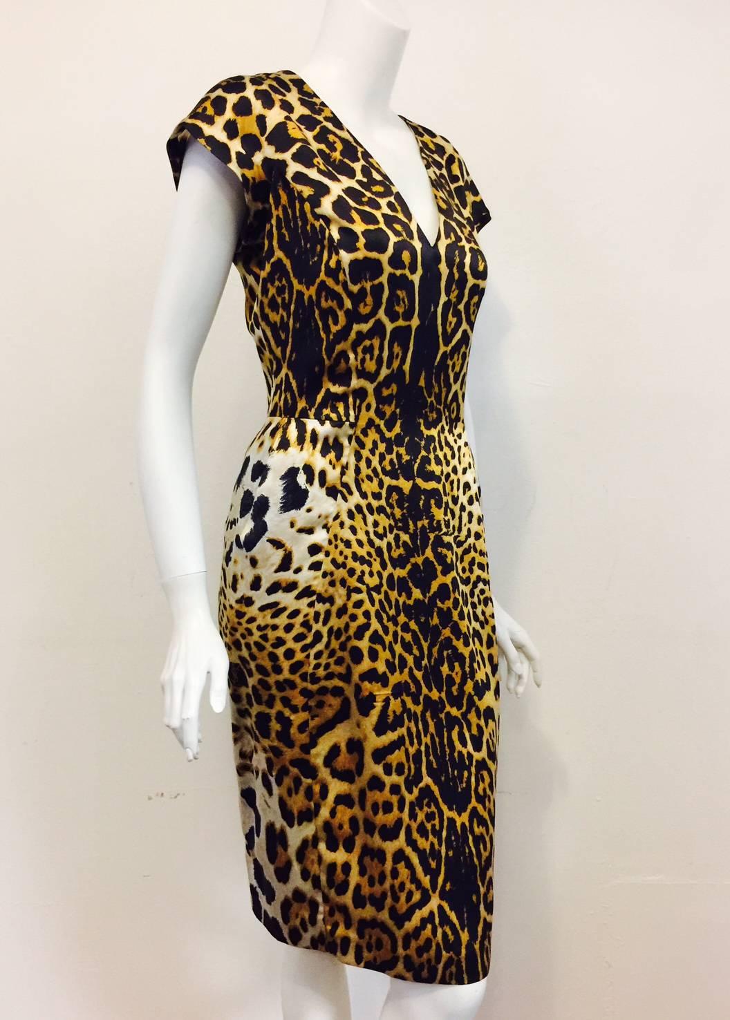 Yves Saint Laurent Leopard Print Silk Sheath With Cap Sleeves French 44 ...