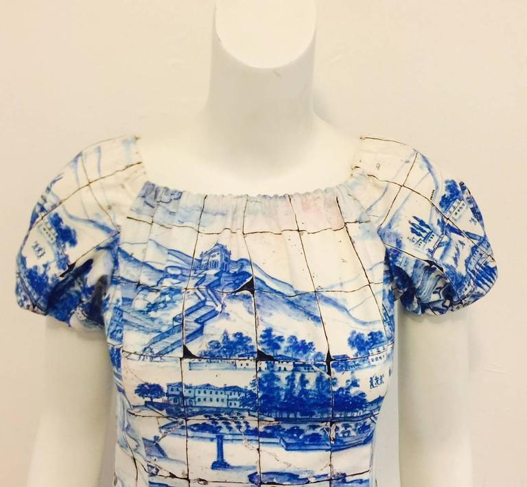 Prada Blue and White Porcelain Print Cotton Shift Dress With Pouf Short ...