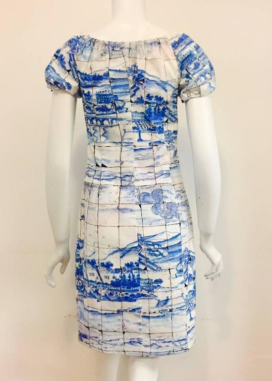 Prada Blue and White Porcelain Print Cotton Shift Dress With Pouf Short ...