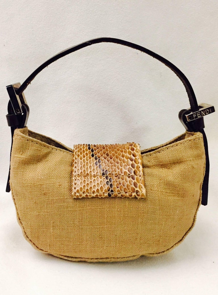 Forever Fendi Camel Color Linen Mini Croissant Bag with Python Leather ...