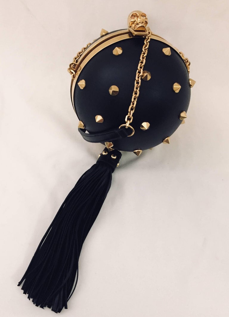 Astonishing Alexander McQueen Black Leather Sphere with Gold Tone Studs ...
