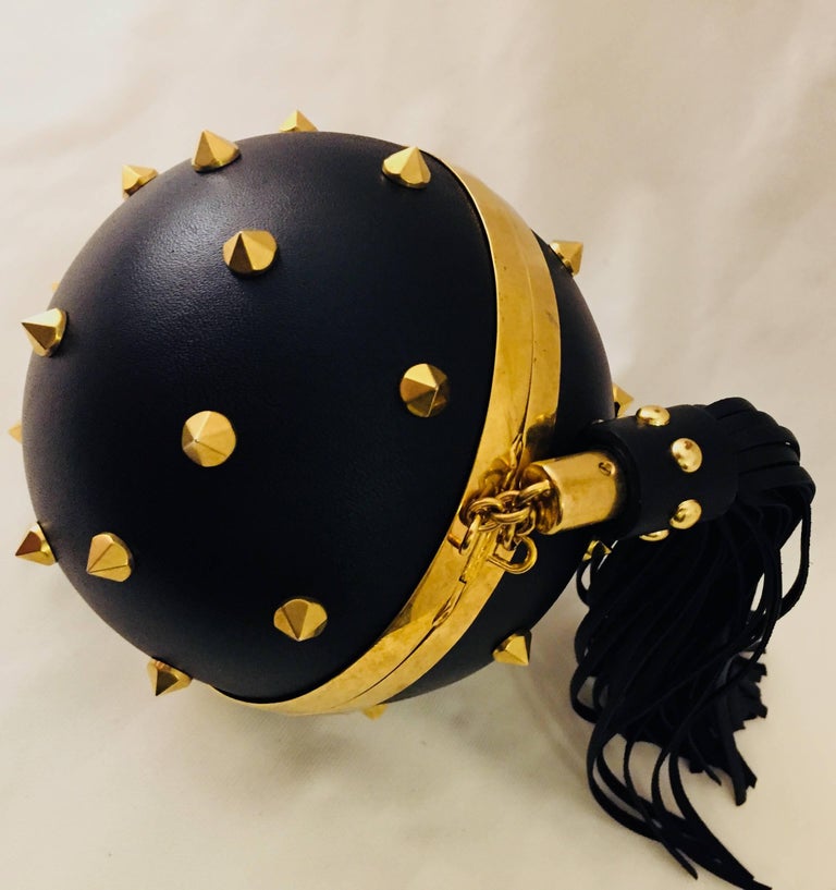 Astonishing Alexander McQueen Black Leather Sphere with Gold Tone Studs ...