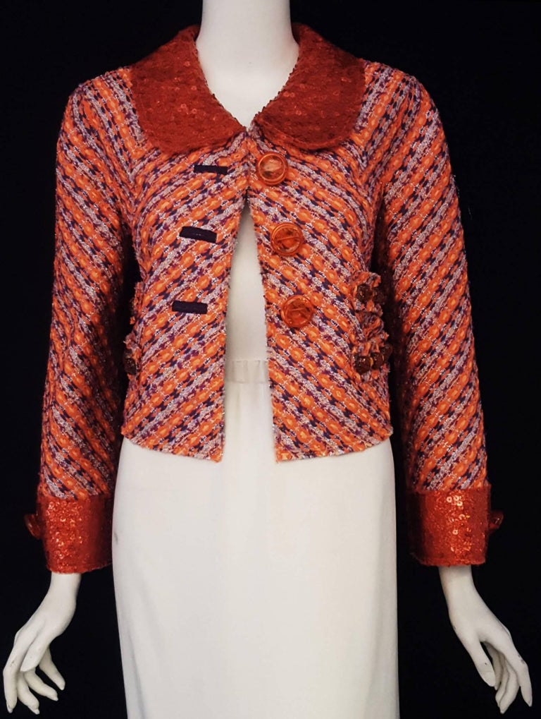 Marc Jacobs Orange Multi Tweed Jacket Sequined and Beaded Embellished ...