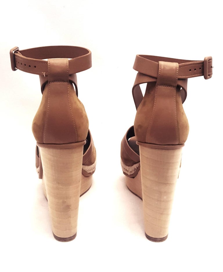 Hermes Tan Suede and Leather Wooden Wedge Ibiza Sandals at 1stDibs ...