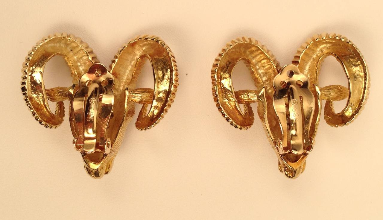 14 Karat Yellow Gold Rams Head Clip On Earrings For Sale at 1stDibs ...