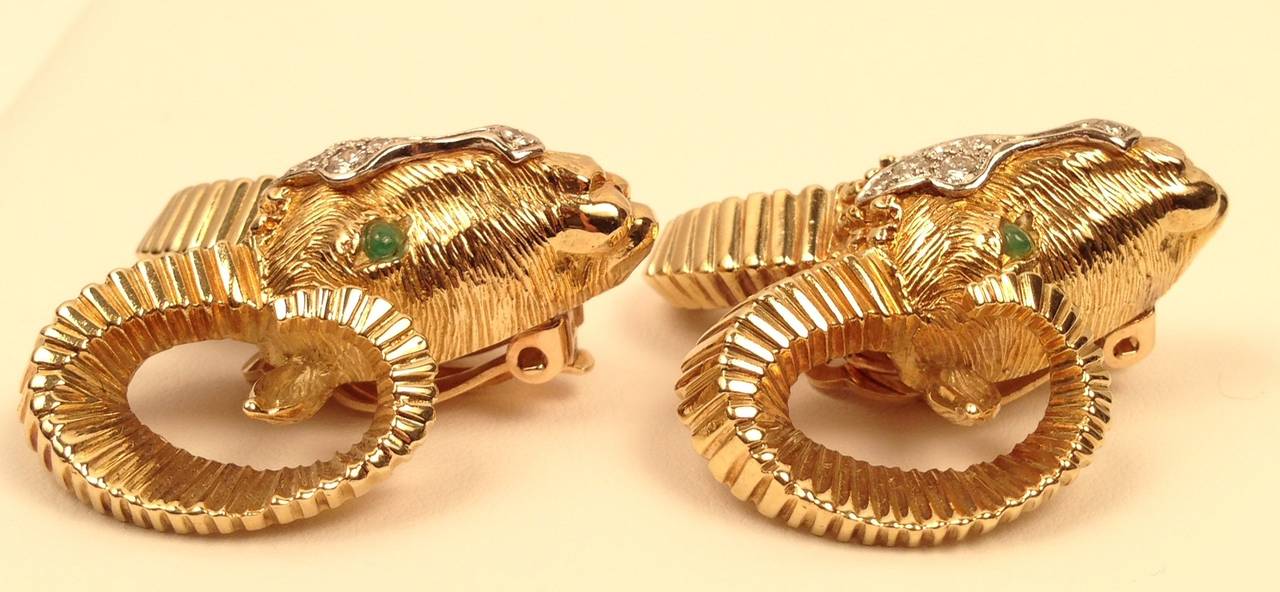 14 Karat Yellow Gold Rams Head Clip On Earrings For Sale at 1stDibs ...