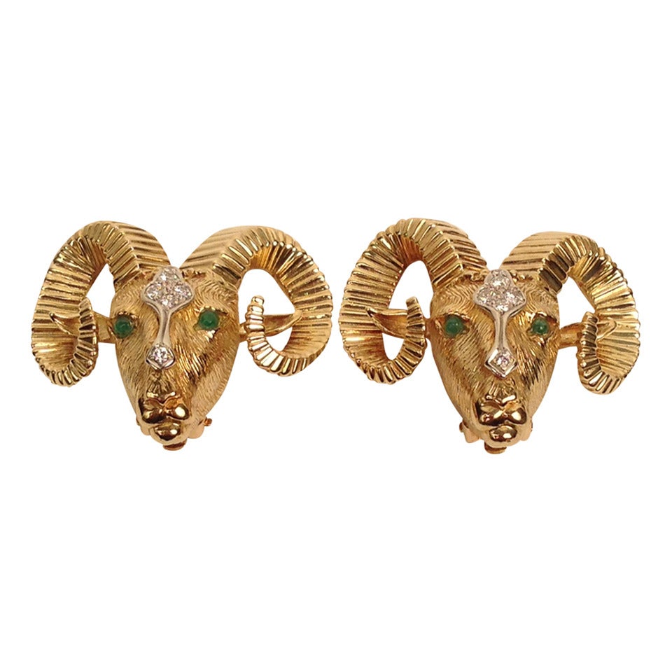 14 Karat Yellow Gold Rams Head Clip On Earrings For Sale at 1stDibs ...