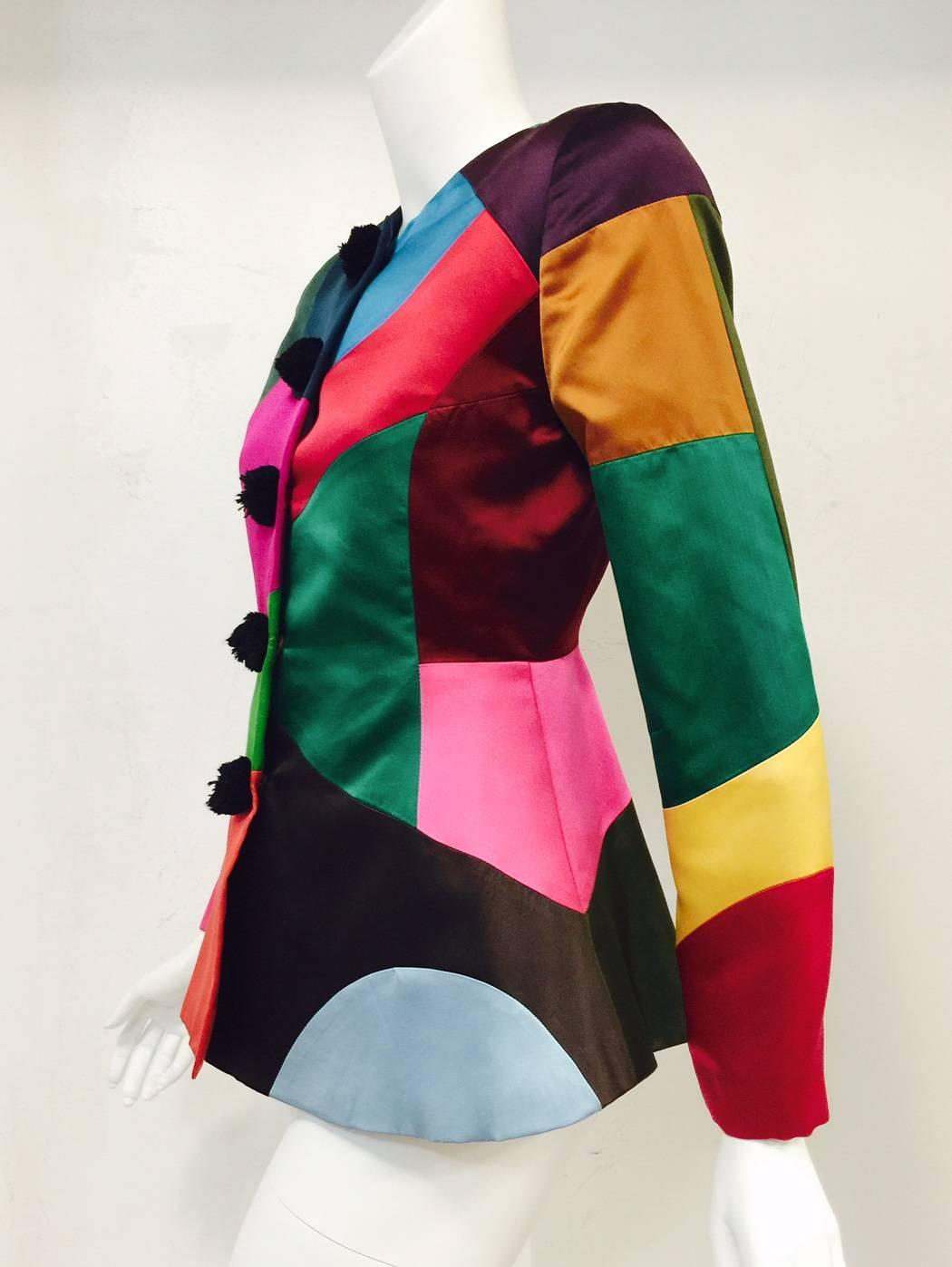 Vintage Oscar de la Renta Fitted Multi Color Harlequin Satin Jacket For ...
