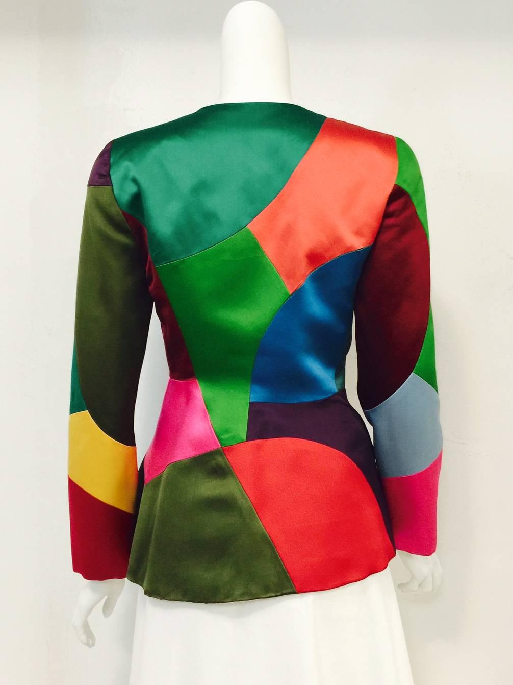 Vintage Oscar de la Renta Fitted Multi Color Harlequin Satin Jacket For ...