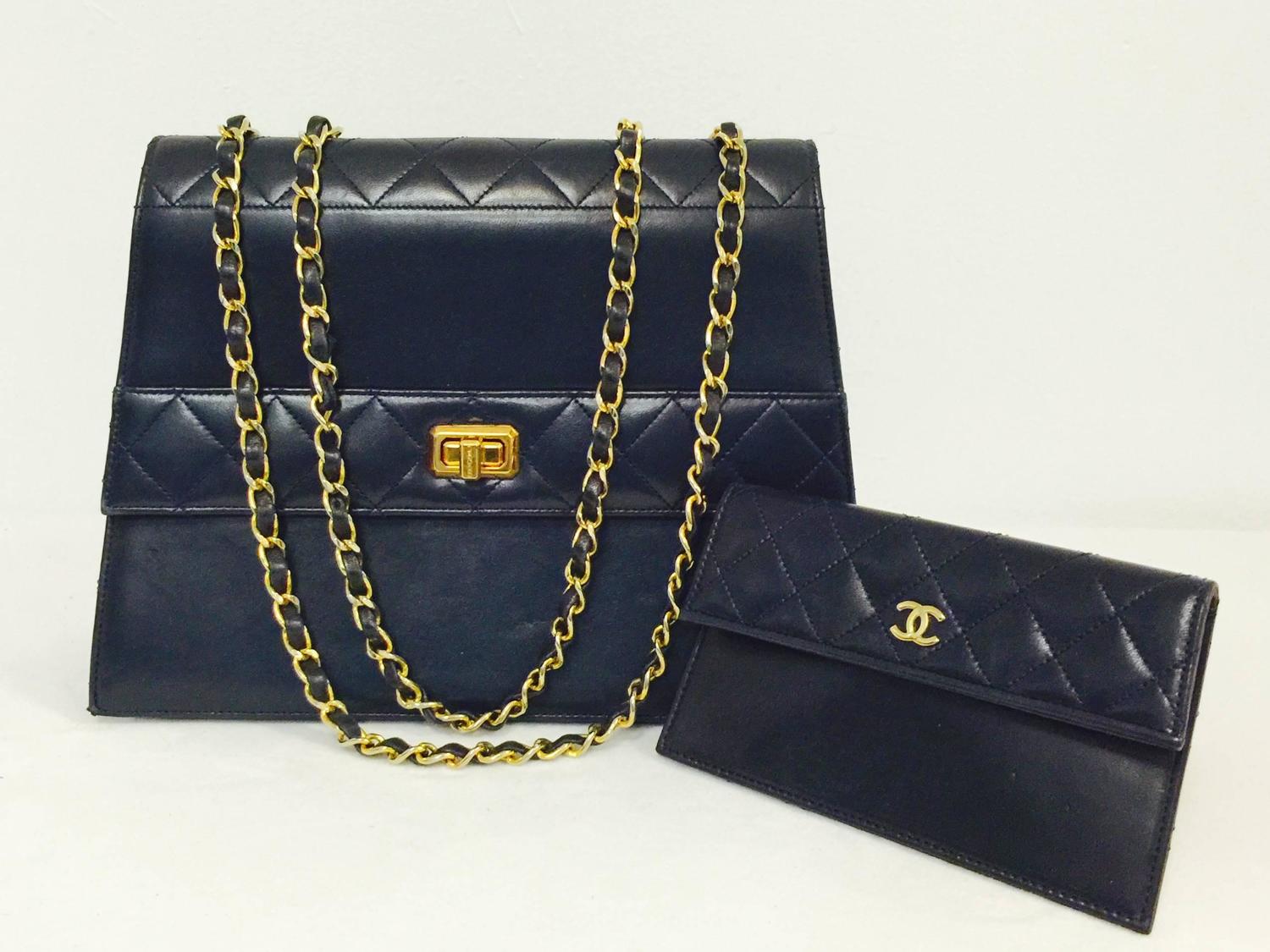 1980s Chanel Navy Trapezoid Handbag With Matching Wallet at 1stdibs