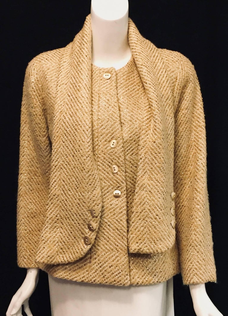Cherished Chanel Wool and Silk Jacket Cream Fabric w/woven Gold Ribbons ...