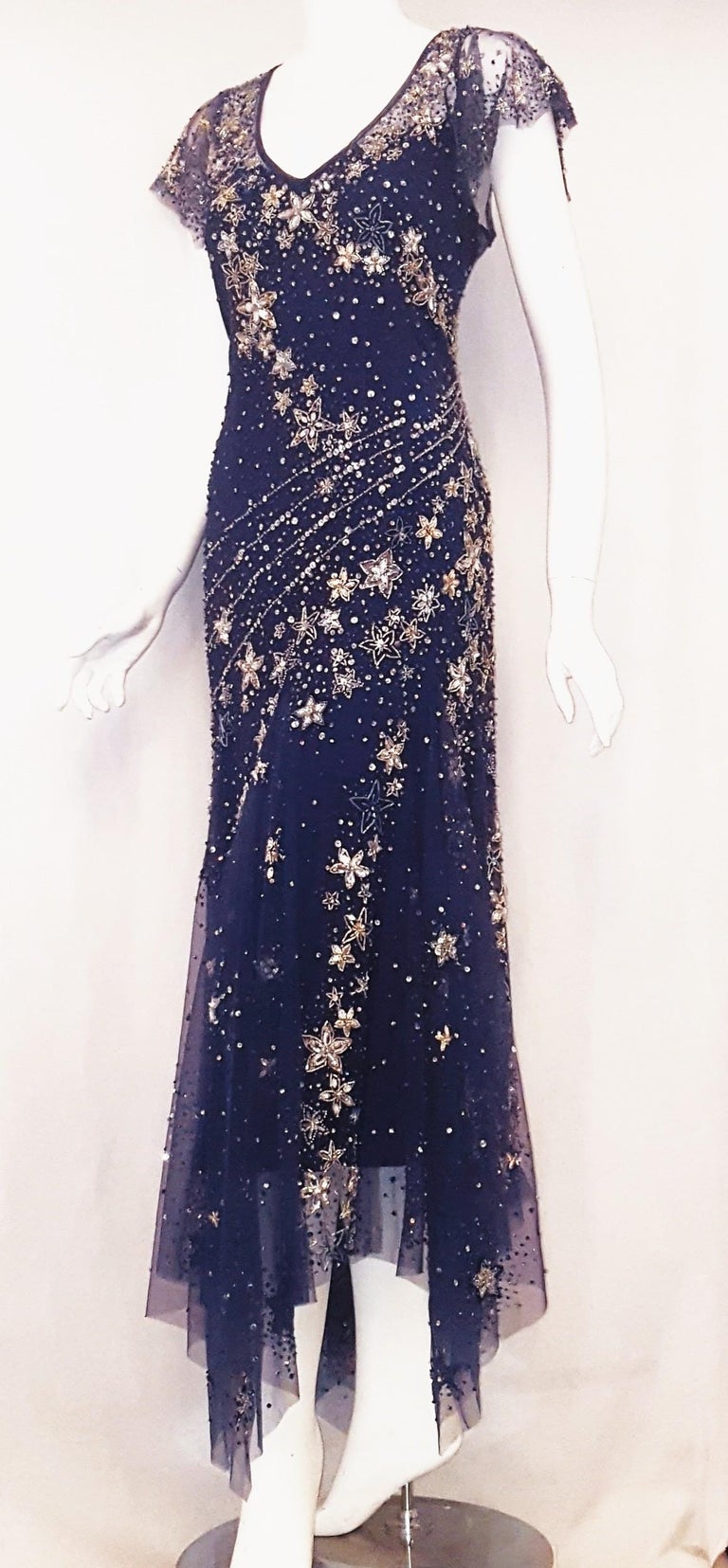 Bellville Sassoon Embellished Midnight Blue Tulle and Silk Star Studded ...