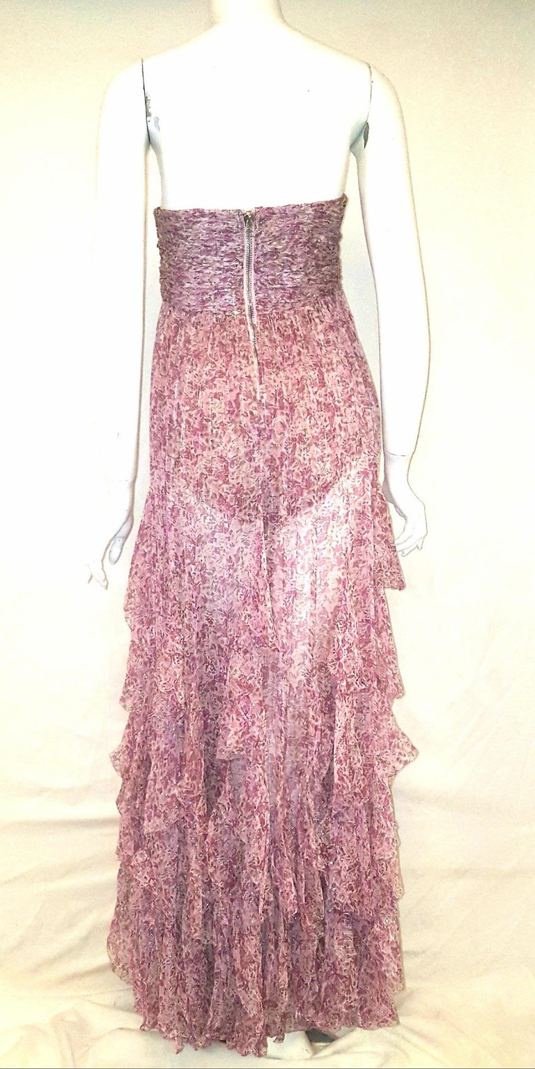 Balmain Strapless Lavender and Pink Sheer Silk Ruched Bodice W/ Ruffles ...