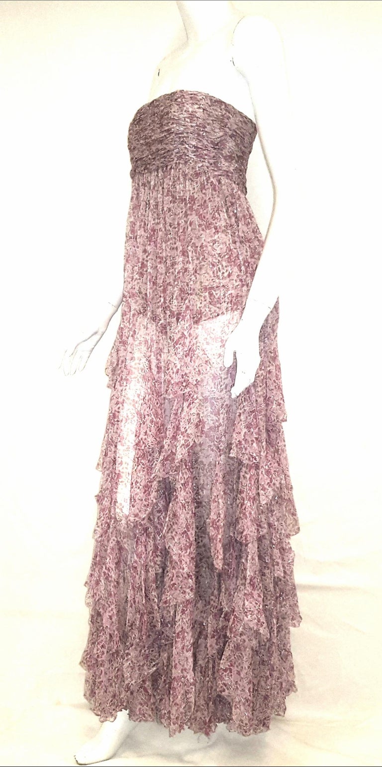 Balmain Strapless Lavender and Pink Sheer Silk Ruched Bodice W/ Ruffles ...