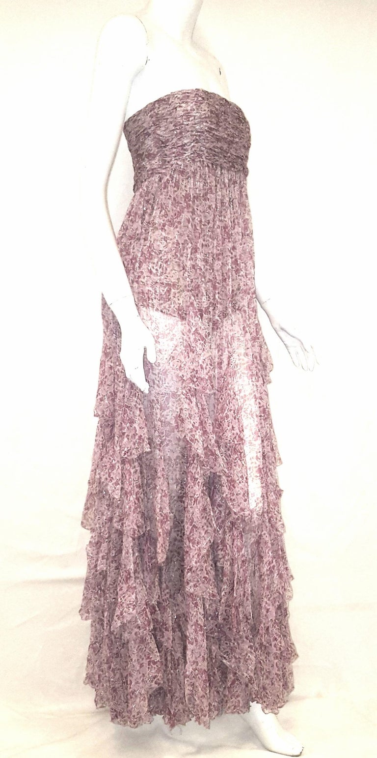 Balmain Strapless Lavender and Pink Sheer Silk Ruched Bodice W/ Ruffles ...