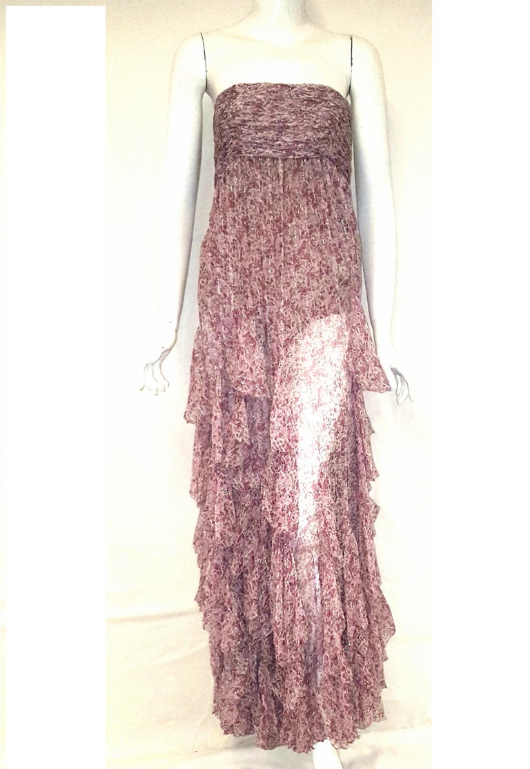 Balmain Strapless Lavender and Pink Sheer Silk Ruched Bodice W/ Ruffles ...