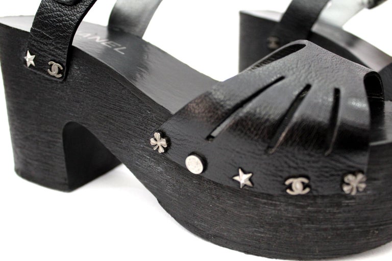 Chanel Black Leather Clogs at 1stDibs